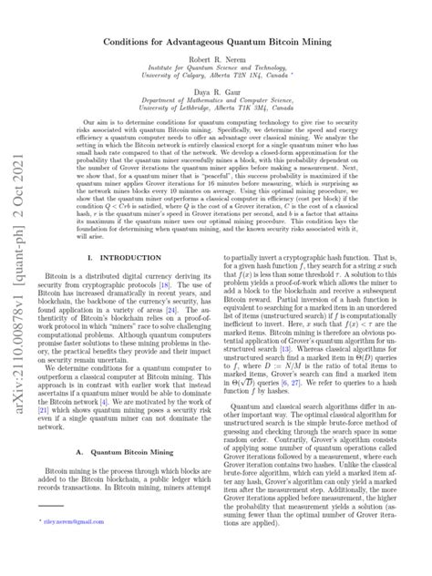 Conditions For Advantageous Quantum Bitcoin Mining Pdf Computer Science Theoretical