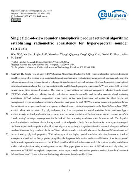 Pdf Single Field Of View Sounder Atmospheric Product Retrieval