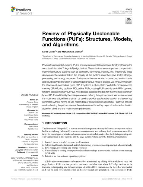 Pdf Review Of Physically Unclonable Functions Pufs Structures Models And Algorithms