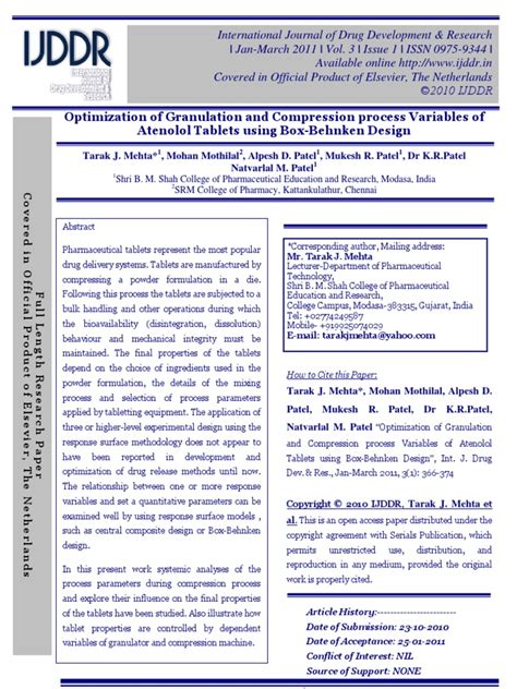 Optimization Of Granulation And Compression Process Variables Of Atenolol Tablets Using Box