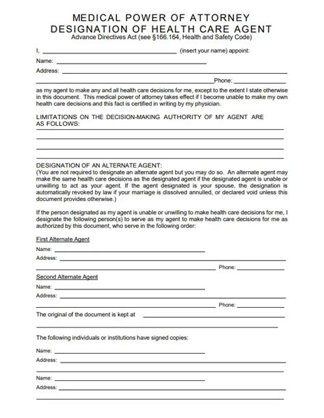 Free Texas Medical Power Of Attorney Template Pdf