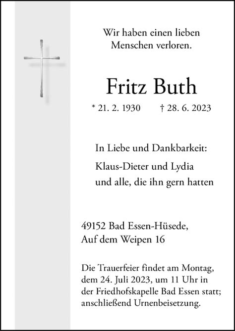 Traueranzeigen Von Fritz Buth Noz Trauerportal