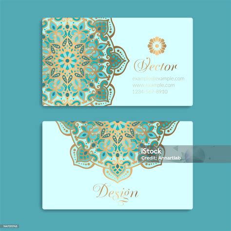 청록색과 금색 명함 벡터 만다라 장식 템플릿입니다 초대장 전단지 메뉴 배경 벽지 장식 포장 또는 원하는 아이디어에 적합합니다 신분에 대한 스톡 벡터 아트 및 기타 이미지