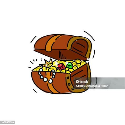 보물 상자 낙서 스타일로 손으로 그립니다 오래된 동전 왕관 및 보석 가슴을 여십시오 보물 해 플랫 스타일 벡터입니다 어린이 일러스트 및 티셔츠 인쇄에 적합합니다 1위에 대한