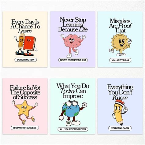 Set Of 6 Colorful Growth Mindset Posters Retro Inspirational Classroom