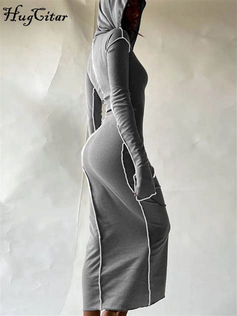 Hooded Maxi Dress Long Sleeve Patchwork Casual Dress Autumn Winter