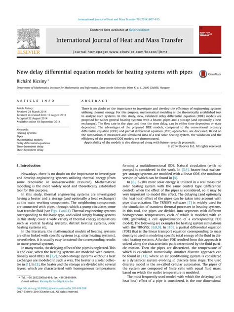 Pdf New Delay Differential Equation Models For Heating Systems With