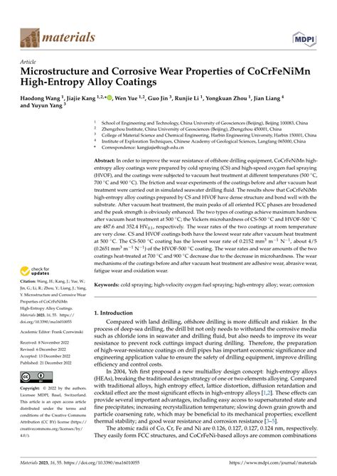 Pdf Microstructure And Corrosive Wear Properties Of Cocrfenimn High Entropy Alloy Coatings