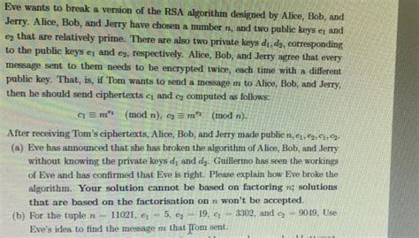 solved eve wants to break a version of the rsa algorithm