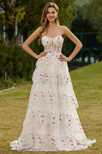 Wedtrend Women White Pink Flower Sequin Prom Dress With Ruffles