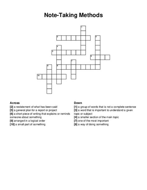 Note Taking Methods Crossword Puzzle