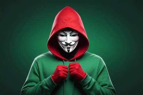 Premium Photo Masked Anonymous Hacker In Red Shirt On Green Background