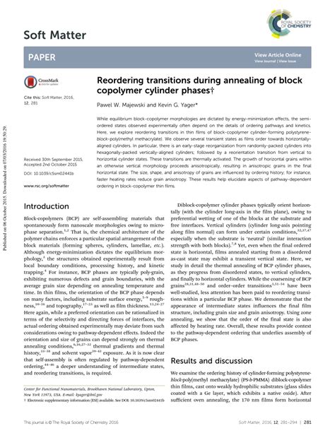 Pdf Reordering Transitions During Annealing Of Block Copolymer Cylinder Phases