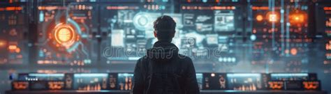 Person In Control Room With Futuristic Screens And Glowing Monitors Analyzing Data In A High