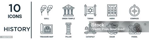 역사 개요 아이콘 세트에는 가는 선 깃펜 토라 나침반 기둥 디아우르 화석 보고서 프레젠테이션 다이어그램 웹 디자인을 위한 보물 지도 아이콘이 포함됩니다 군사에 대한 스톡