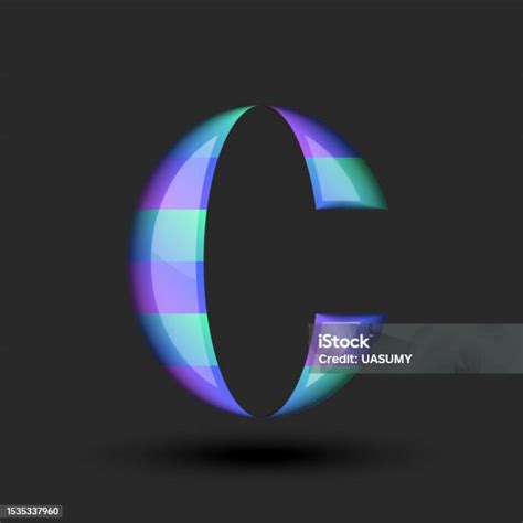 대담한 3d 문자 C 모노그램 캘리그라피 기호 줄무늬 부드러운 타원형 모양 생생한 그라데이션 그림자와 반사가 있는 보라색과 녹색 줄무늬 플라스틱 소재 디자인의 타이포그래피