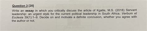 solved question 3 [20] write an essay in which you