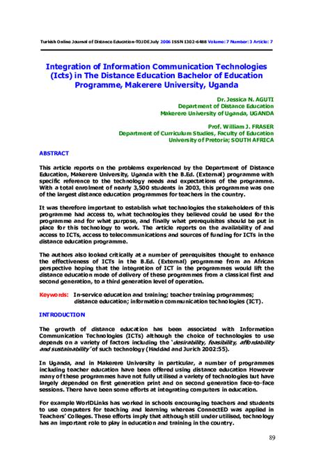 Pdf Integration Of Information Communication Technologies Icts In The Distance Education