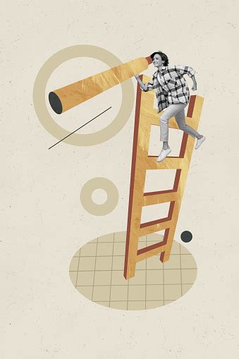 크리 에이 티브 아트웍 템플릿 스케치 3d 콜라주 전문 기업가 직업 공석 관리자 젊은 숙녀 스탠드 사다리 높은 시계 줌 렌즈 25 29세에 대한 스톡 사진 및 기타 이미지