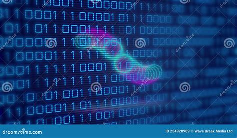 image of circles over binary code on navy background stock illustration