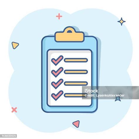 만화 스타일의 아이콘을 나열합니다 흰색 격리 된 배경에 문서 체크리스트 만화 벡터 그림입니다 메모장 체크 마크 스플래시 효과