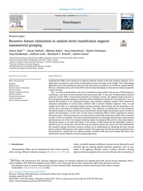 Recursive Feature Elimination In Random Forest Classification Supports Nanomaterial Grouping