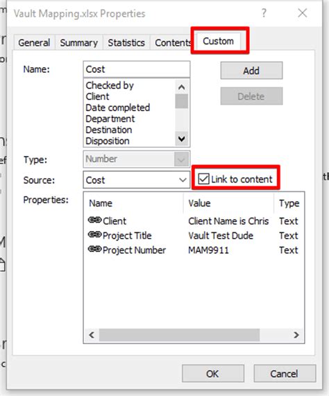 map a custom excel property to a custom vault property