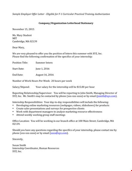 Internship Offer Letter Sample