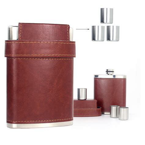Whiskey Hip Flask Stainless Steel With Leather Wrap Cup Set