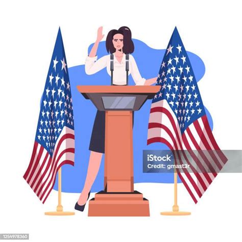 7월 미국 독립기념일 기념식 4일 미국 국기와 함께 트리뷴에서 연설을 하는 여성 정치인 4세기에 대한 스톡 벡터 아트 및 기타 이미지 4세기 7월 7월 4일 Istock
