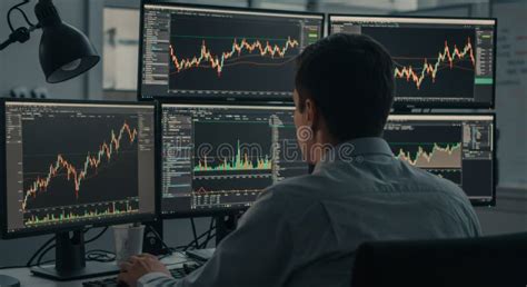 Stock Market Trader Analyzing Financial Charts On Multiple Monitors In A Dark Office Tracking
