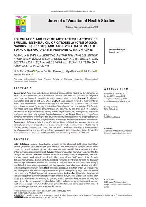 Pdf Formulation And Test Of Antibacterial Activity Of Emulgel Essential Oil Of Citronella