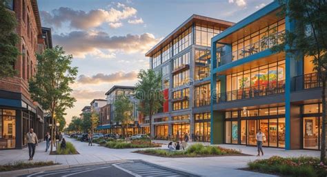 Modern Urban Streetscape With Mixed Use Buildings And Pedestrian