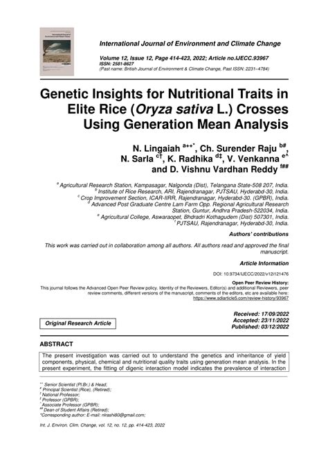 Pdf Genetic Insights For Nutritional Traits In Elite Rice Oryza Sativa L Crosses Using
