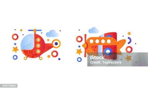 귀여운 공기 차량 세트 장난감 헬리콥터 및 비행기 수송 플랫 벡터 일러스트 교통수단에 대한 스톡 벡터 아트 및 기타 이미지 교통수단 귀여운 기계 부분 Istock