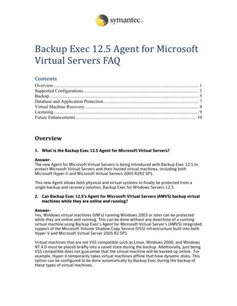 Backup Exec 125 Agent For Microsoft Virtual Servers Faq