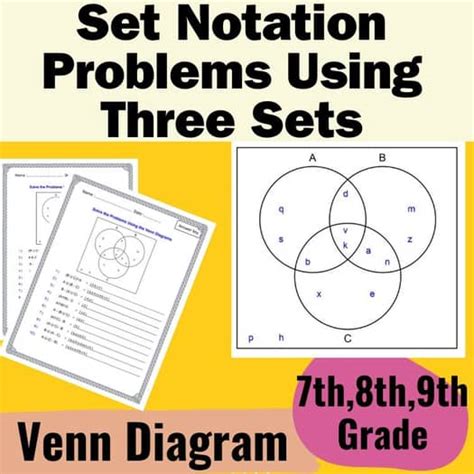 Set Notation Problems Using Three Sets Venn Diagram Worksheets By
