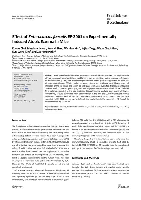 Pdf Effect Of Enterococcus Faecalis Ef 2001 On Experimentally Induced Atopic Eczema In Mice