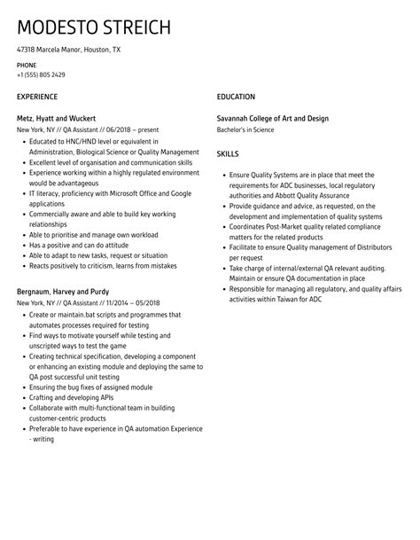 Qa Assistant Resume Samples Velvet Jobs