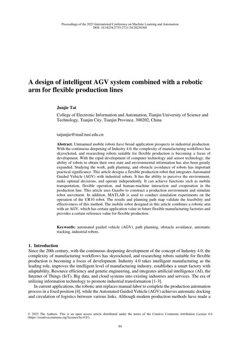 PDF A Design Of Intelligent AGV System Combined With A Robotic Arm For Flexible Production Lines