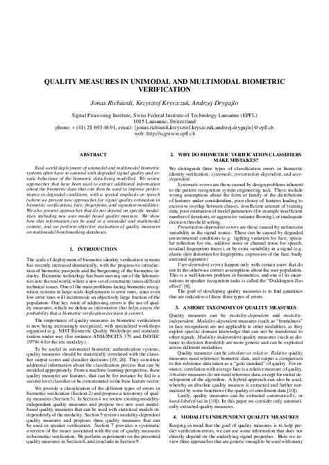 Pdf Quality Measures In Unimodal And Multimodal Biometric