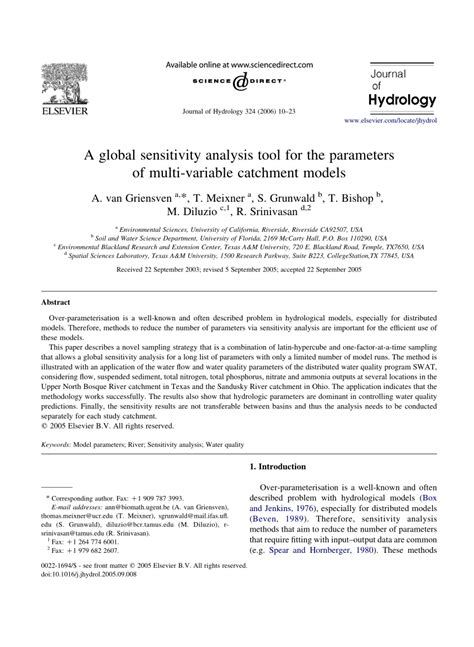 Pdf A Global Sensitivity Analysis Tool For The Parameters Of Multi Variable Catchment Models