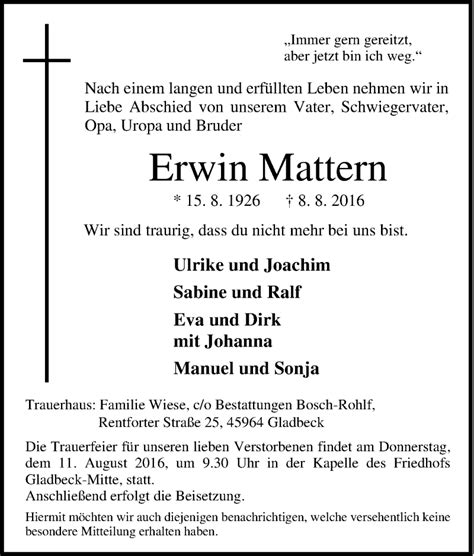 Traueranzeigen Von Erwin Mattern Trauer In Nrwde