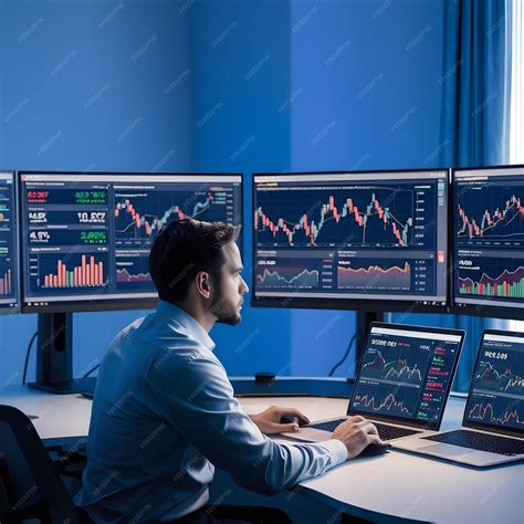 A Man Sits At A Desk With Several Monitors Showing A Graph Of Graphs And Charts Premium Ai