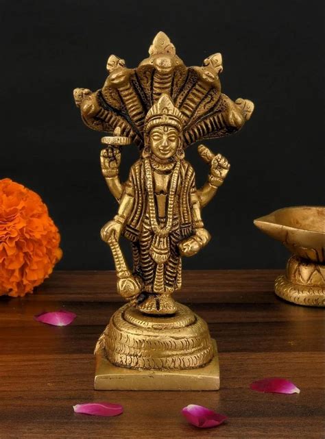 Shreeyaash Brass Lord Bhagwan Vishnu Standing Blessing On Sheshnaag Idol Statue At Rs 849 Piece