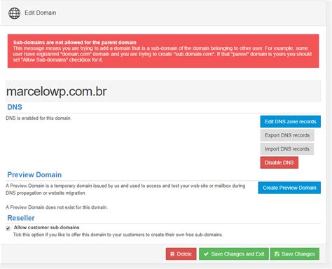 Error Sub Domains Are Not Allowed For The Parent Domain General
