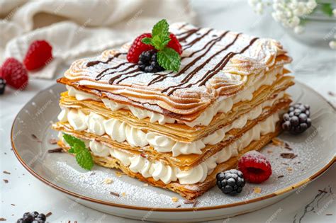 Classic French Dessert Mille Feuille With Layers Of Crispy Puff Pastry