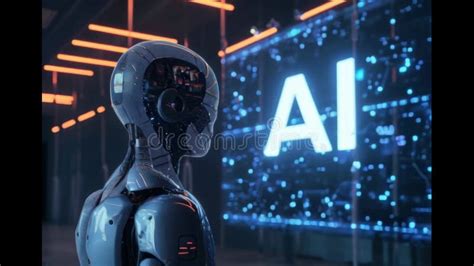 advanced humanoid robot analyzing artificial intelligence data stock