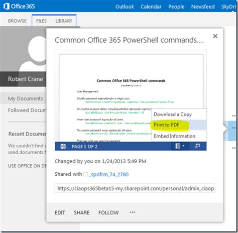 ciaops sharepoint online includes print to pdf