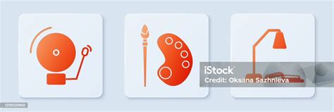 팔레트 울리는 알람 벨 작업장 테이블 램프 오픈 북으로 페인트 브러시를 설정합니다 흰색 정사각형 버튼 벡터 가구에 대한 스톡 벡터 아트 및 기타 이미지 Istock